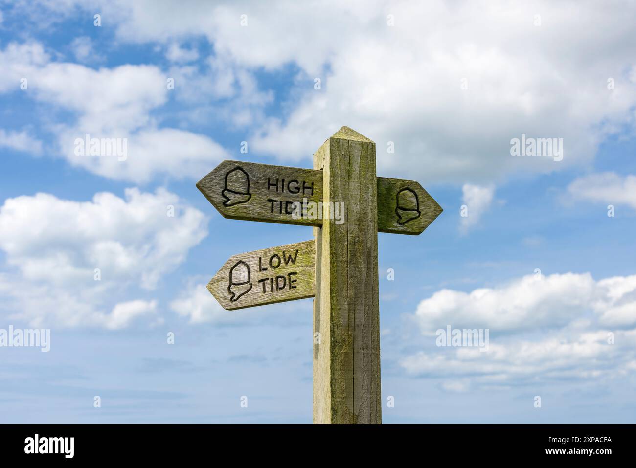 A signpost indicating alternative routes of the South West Coast Path ...