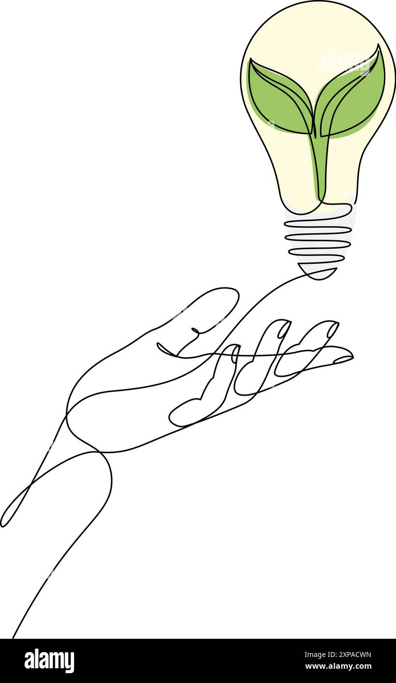 Continuous line drawing of human hand holding light bulb with green ...