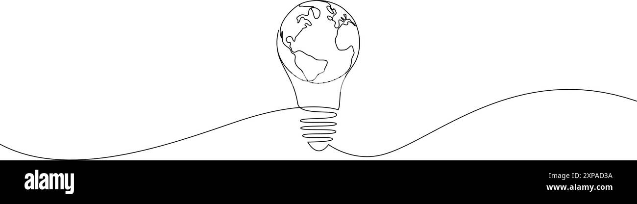 Continuous line drawing of light bulb with Earth globe inside. One line ...