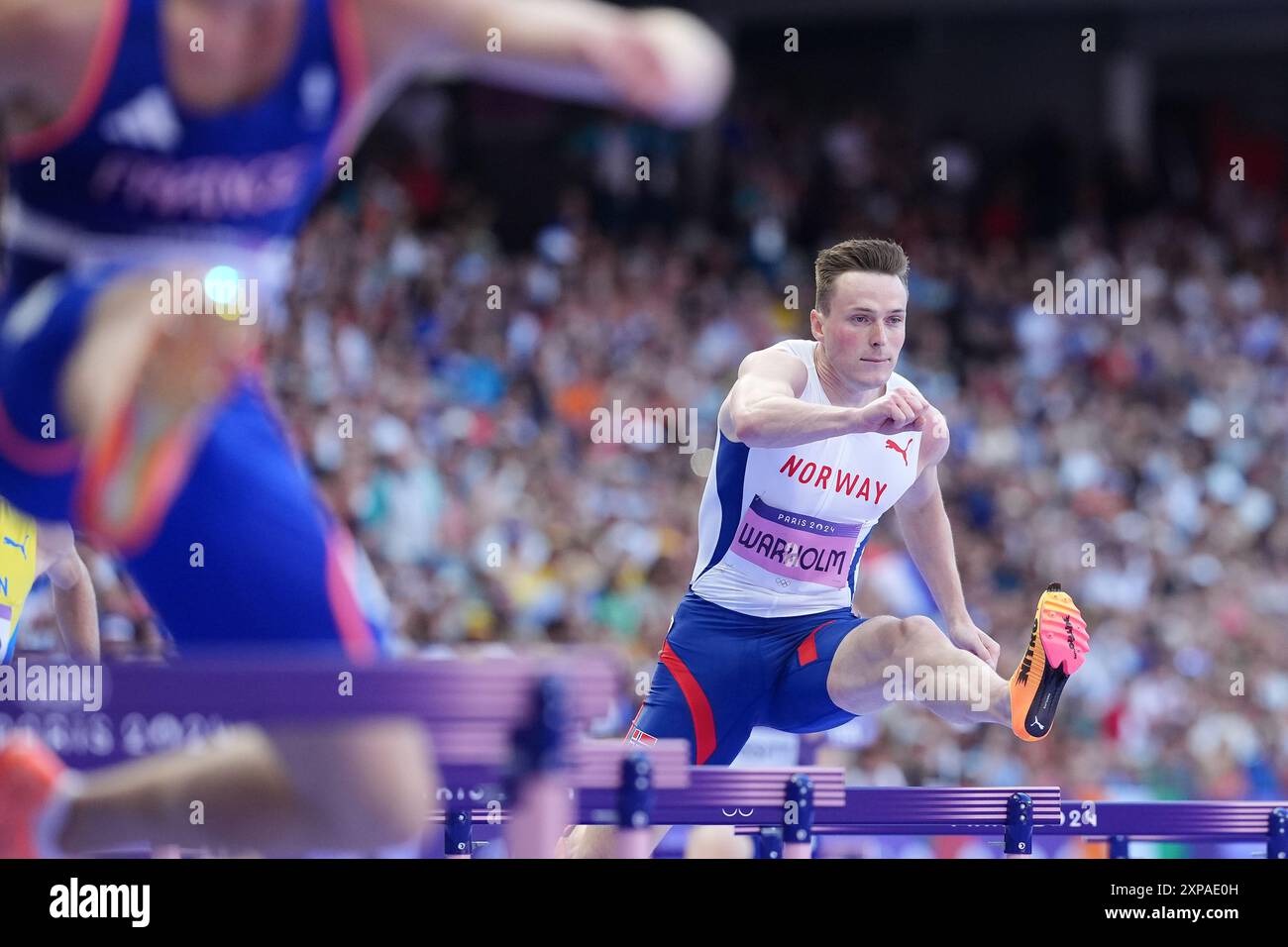 Norway's Karsten Warholm on their way to finishing first in the Men's ...