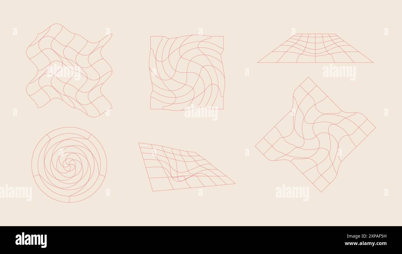 Abstract wireframe polygonal geometric grid shape set. Retro futuristic design element vector ...