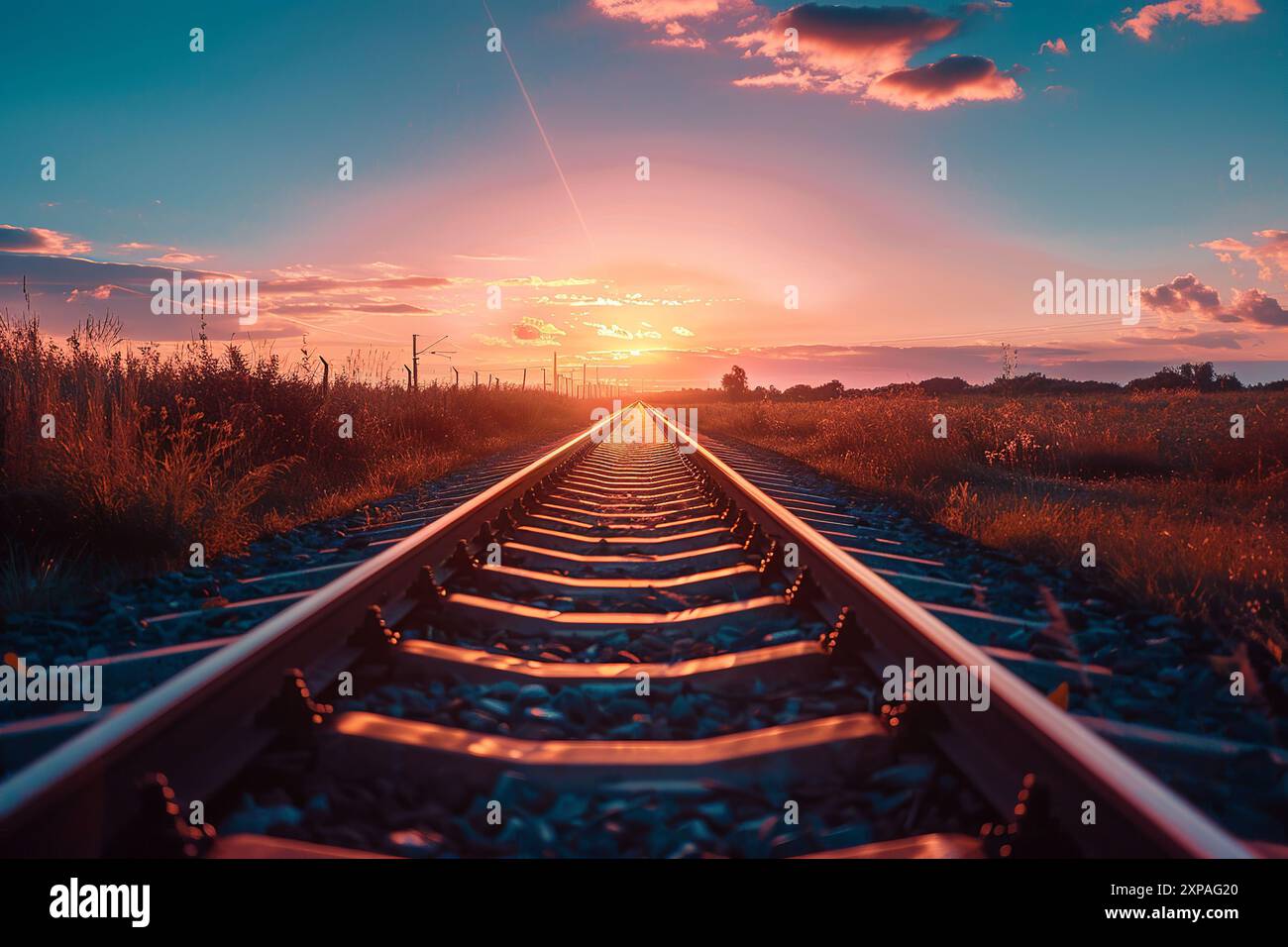 Railroad with colorful blue sky with red clouds, sun, trees and green ...