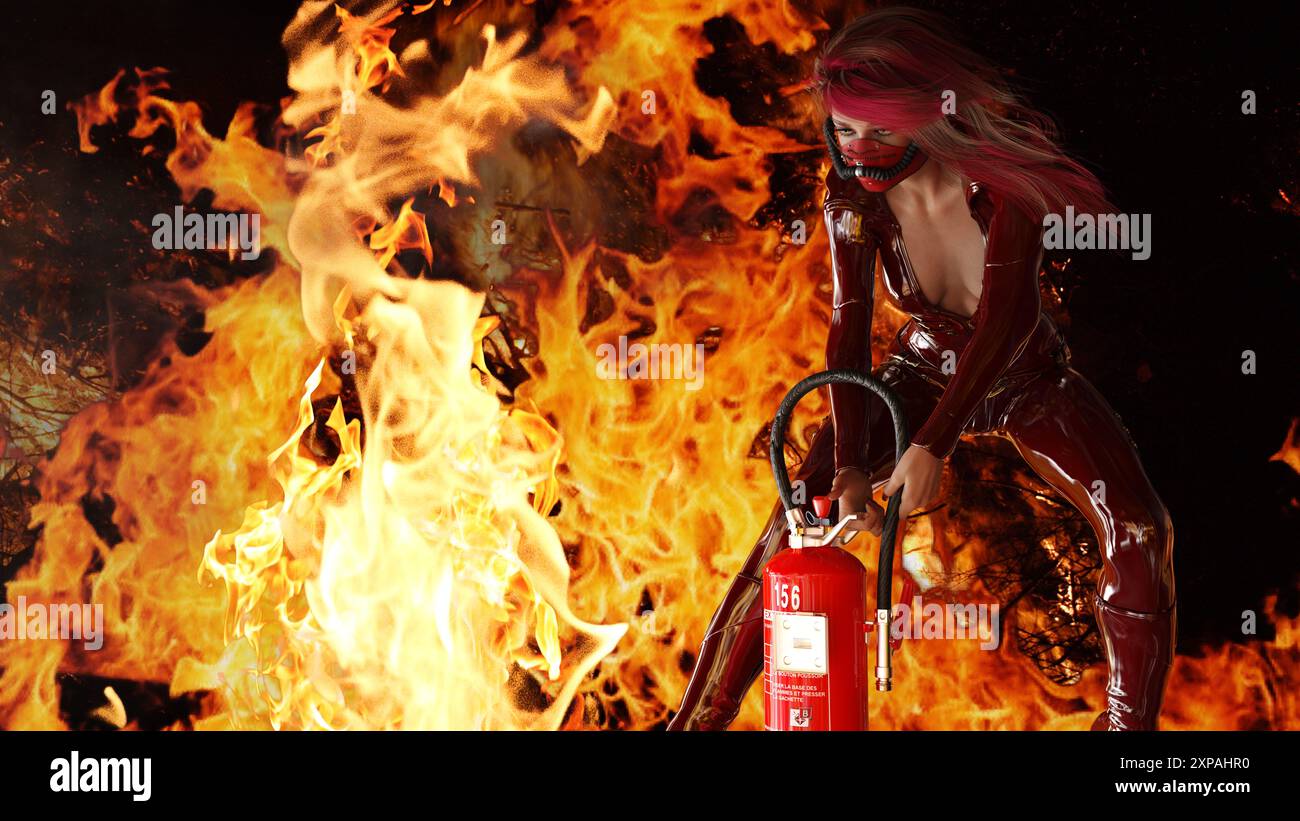 a young woman courageously fights blazing flames with a hand-held fire ...