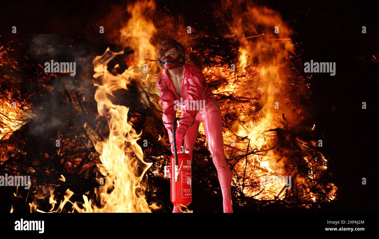 a young woman courageously fights blazing flames with a hand-held fire ...