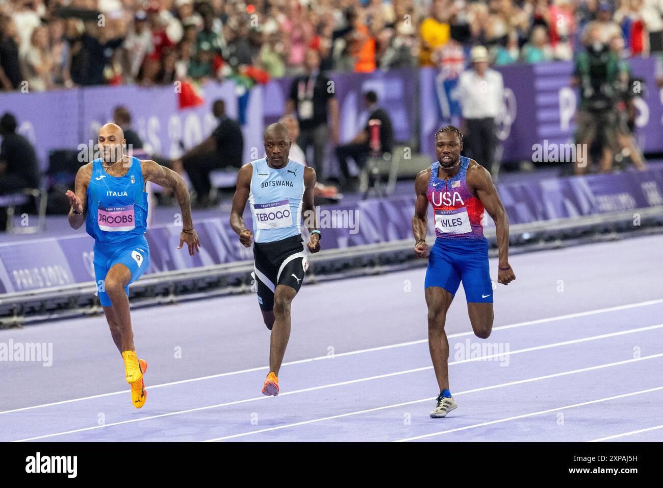 Paris, France. 04th Aug, 2024. Noah Lyles running to win Olympic 100 ...