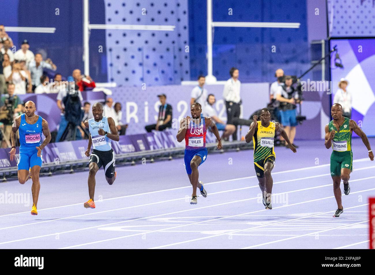 Paris, France. 04th Aug, 2024. Noah Lyles running to win Olympic 100 ...