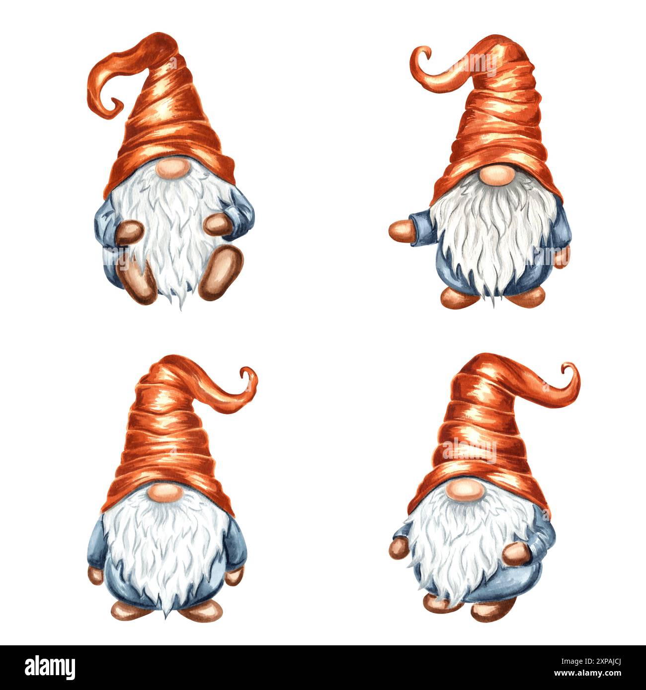 Autumn Gnome in orange conus hat. Set of hand drawn watercolor isolated ...