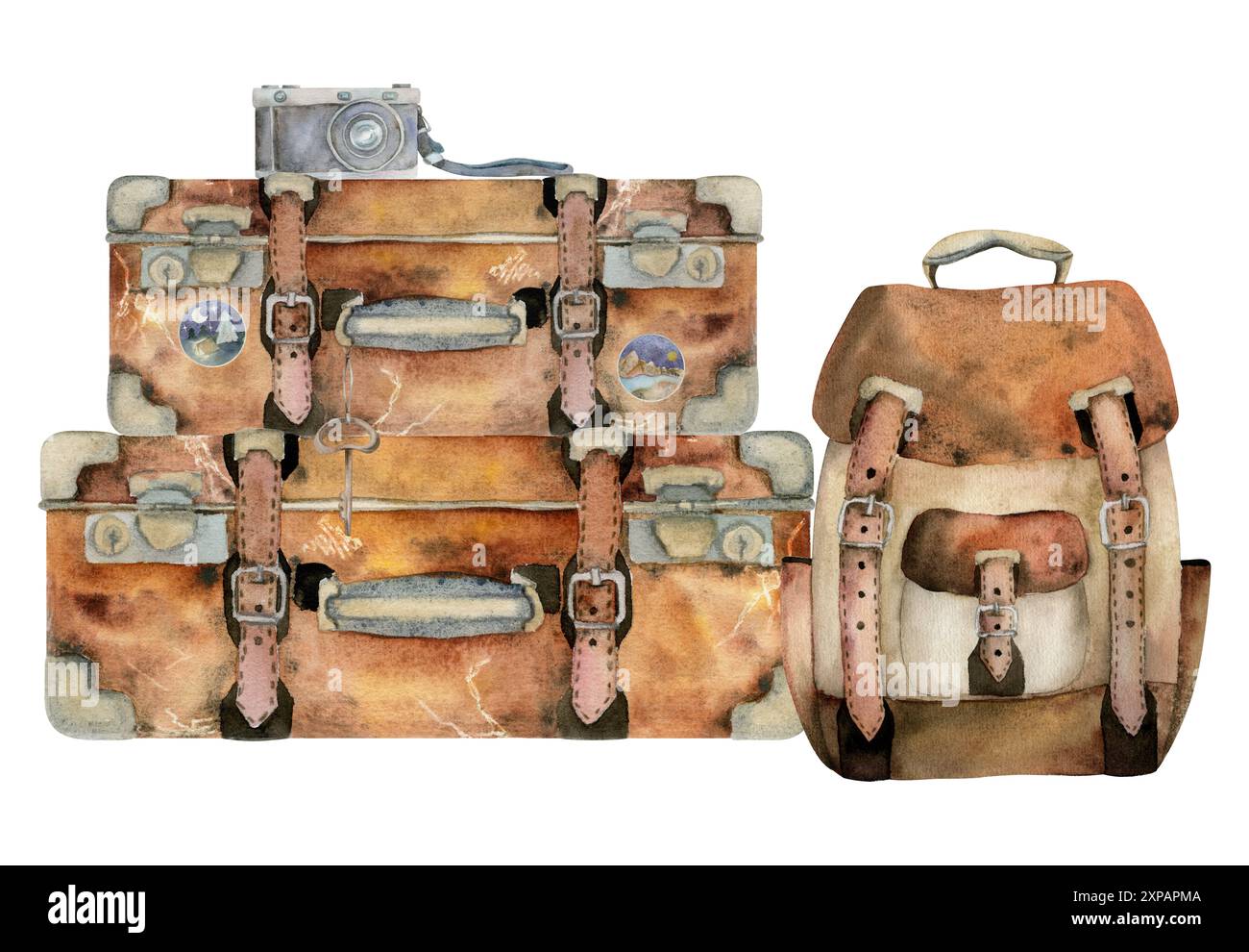 Illustration with set of retro vintage old suitcases, stickers luggage ...