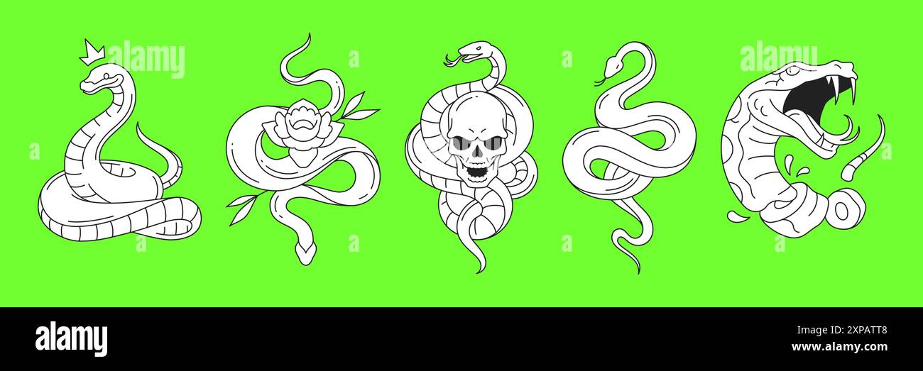 Y2k psychedelic snake with skull flower crown neo gothic outline vector ...