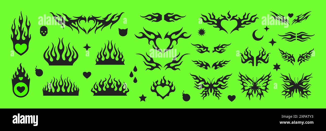 Y2k trendy black fire flames burning shapes vector illustrations set ...