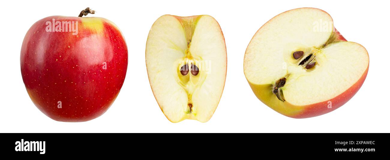 Red apple isolated. Whole apple, half and a slice on white background ...