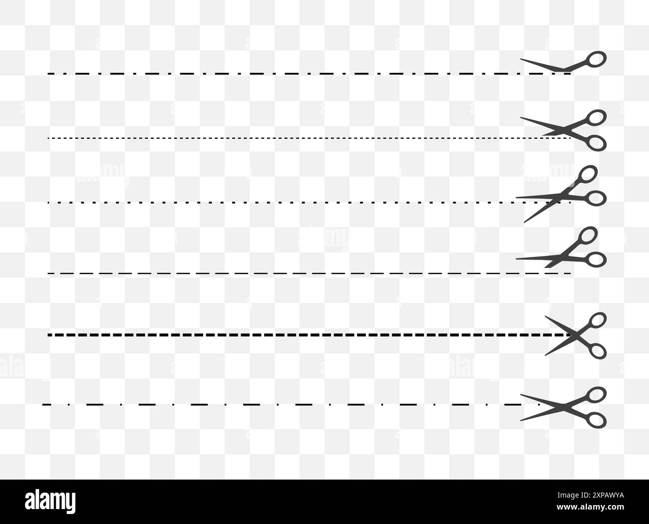 Cut here. Black scissors cutting. Set of cut dash lines isolated on ...