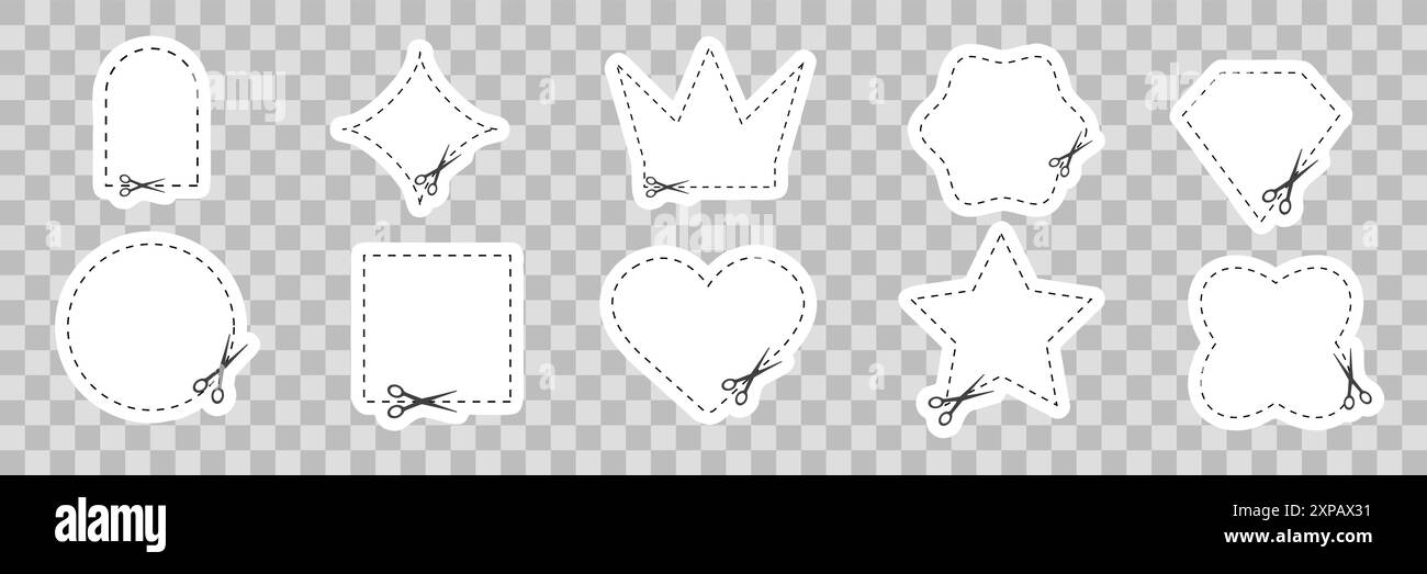 Cut here. Black scissors cutting. Set of cut dash shapes on transparent ...