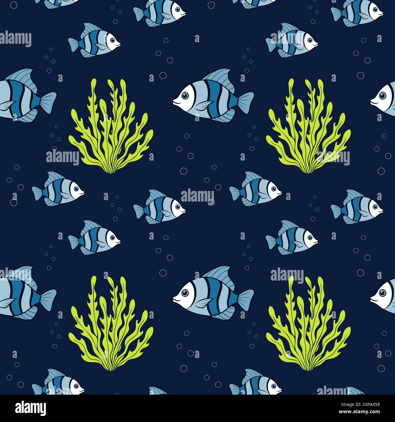 Sea bottom pattern with blue fish and green algae on dark blue ...