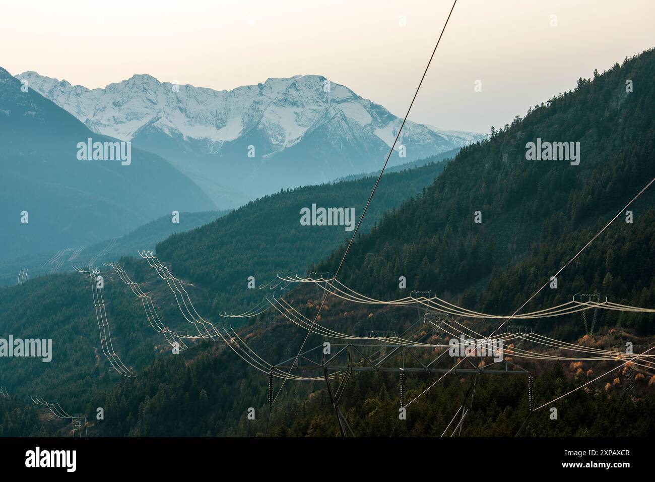 Power lines and mountains, Darcy, British Columbia, Canada Stock Photo ...