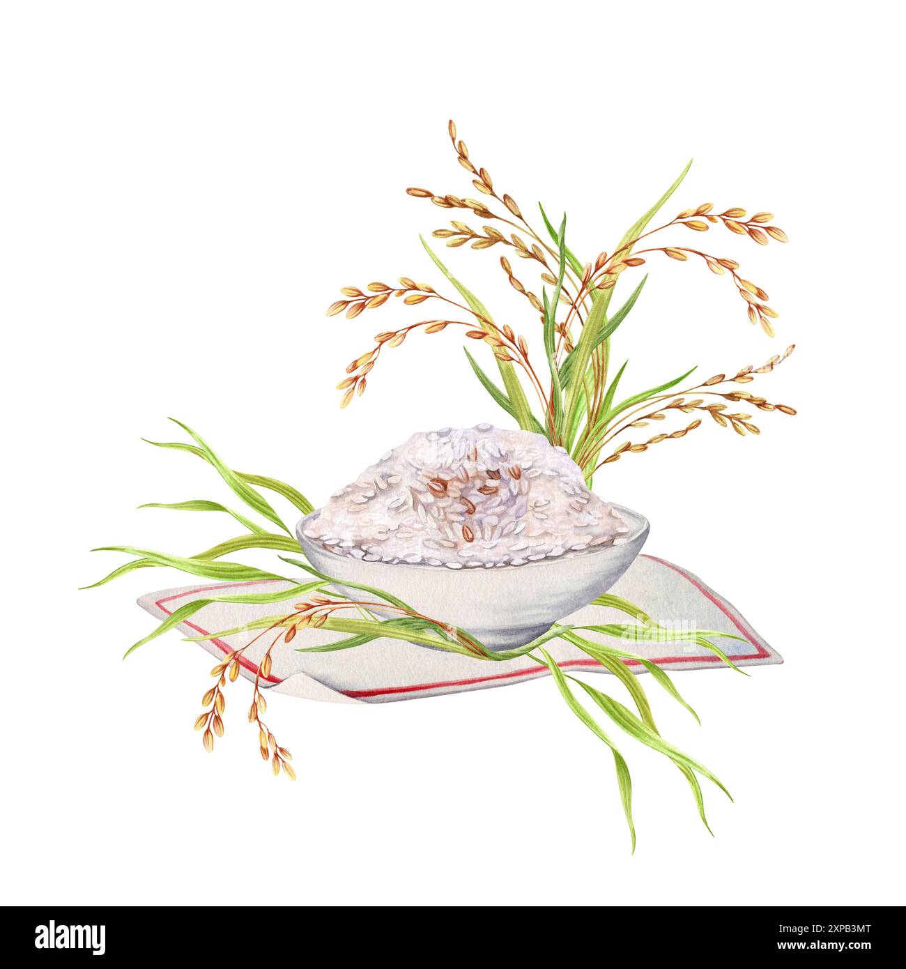 Bowl of cooked white rice decorated with rice plant and leaves. Hand ...