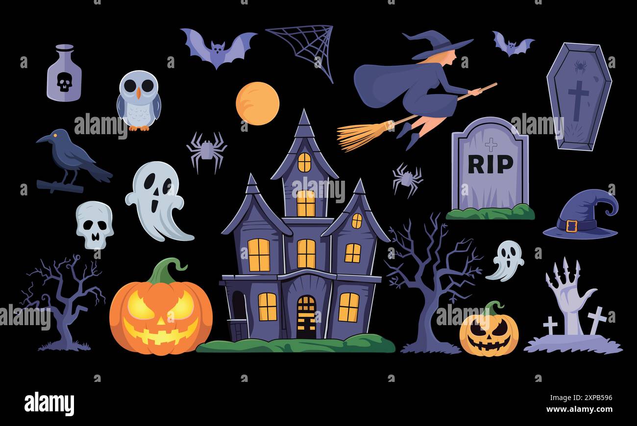 Collection of Spooky Halloween Vector Illustration Elements. Haunted ...