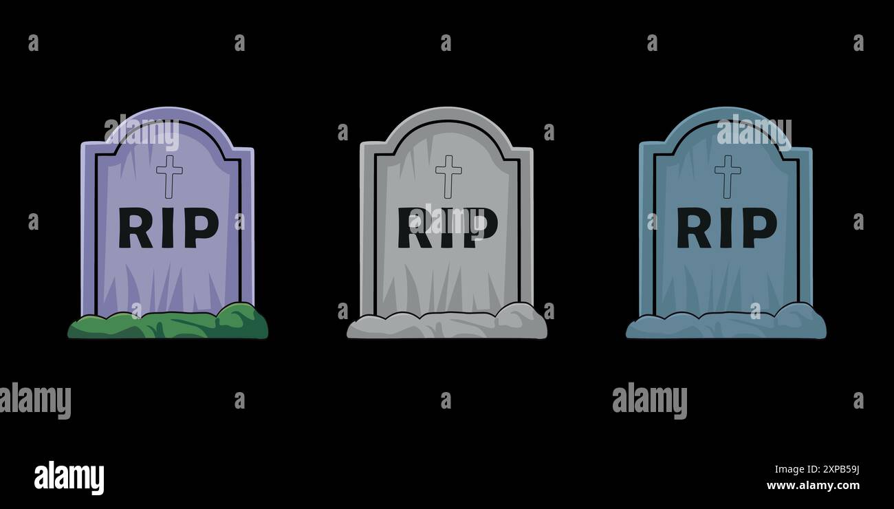 Set of Headstone, Tombstone Vector illustration, RIP Gravestones with Cross for Halloween ...