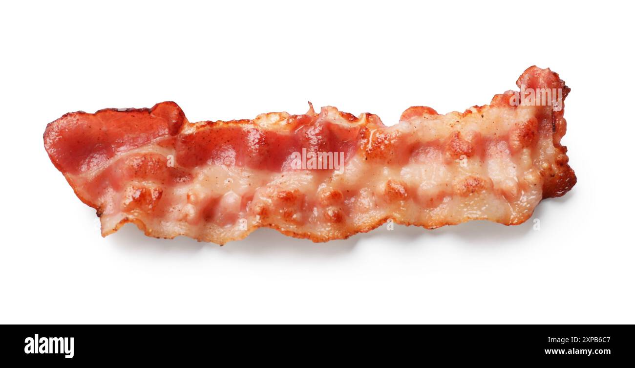 Slice of tasty fried bacon isolated on white, top view Stock Photo - Alamy