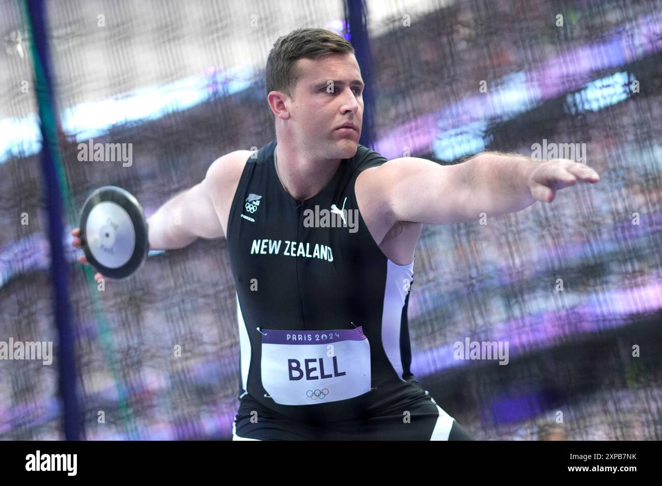 Connor Bell, of New Zealand, competes during the men's discus throw ...