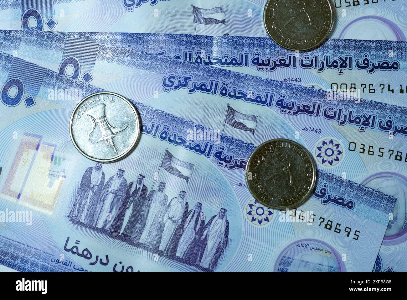 Close up Dirhams currency, AED, Bank note and coins, United Arab ...