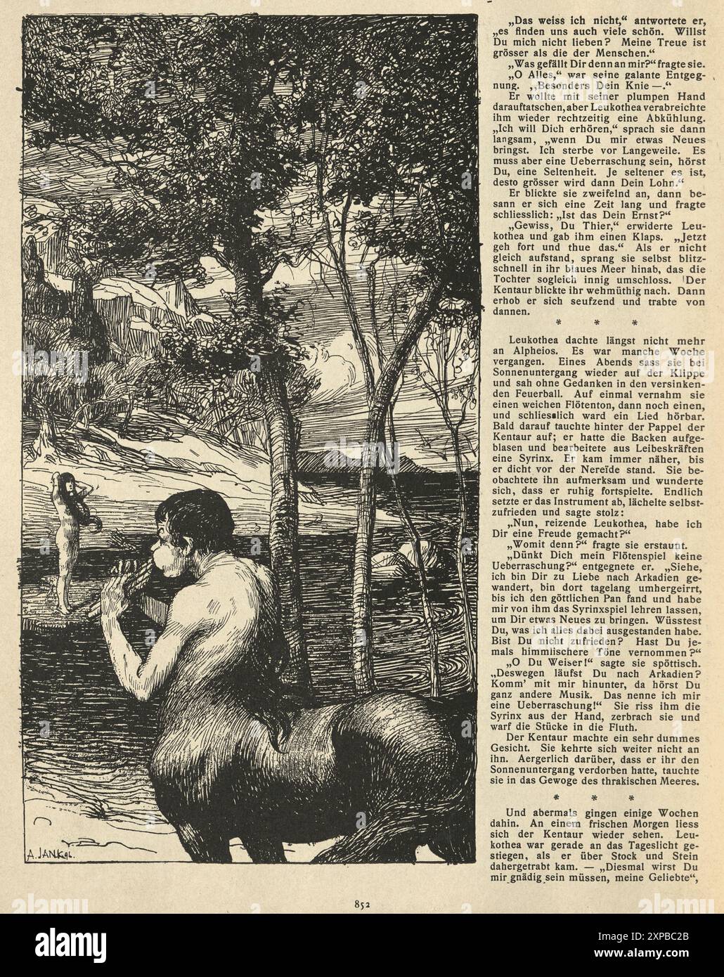 Mythology, Centaur playing pan pipes, beautiful woman bathing in river ...