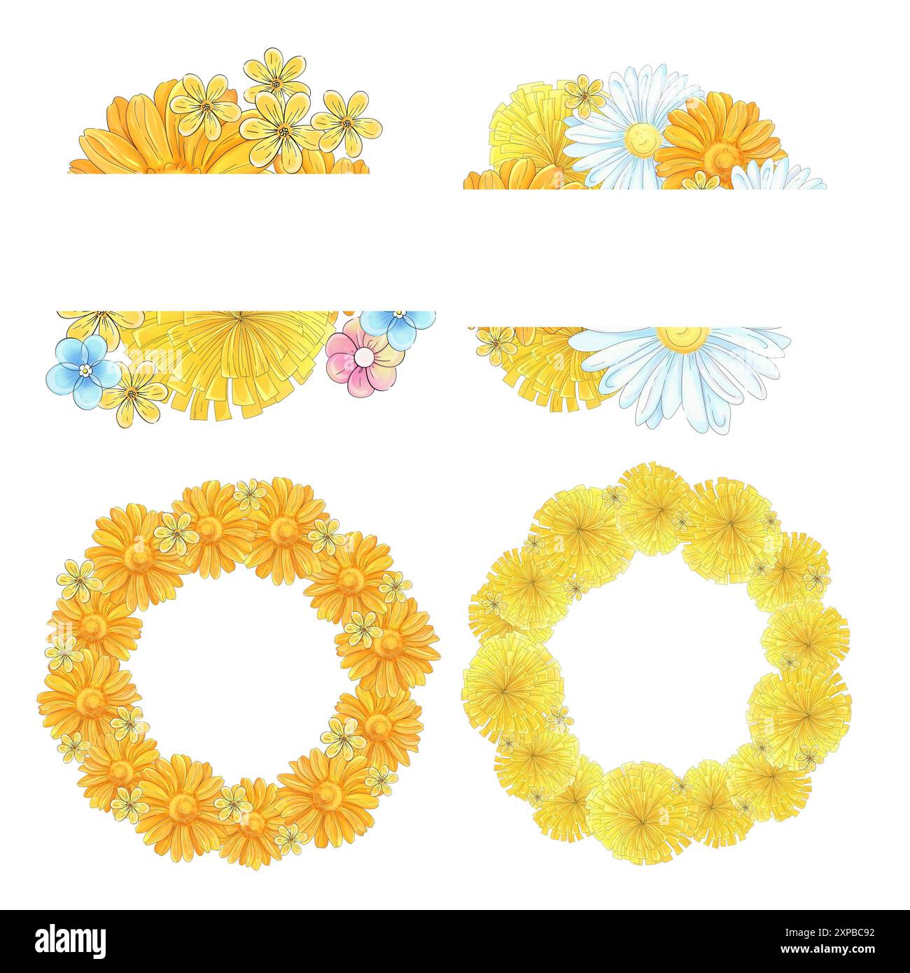 Set of circle watercolor springtime border, frame buckets of primroses ...
