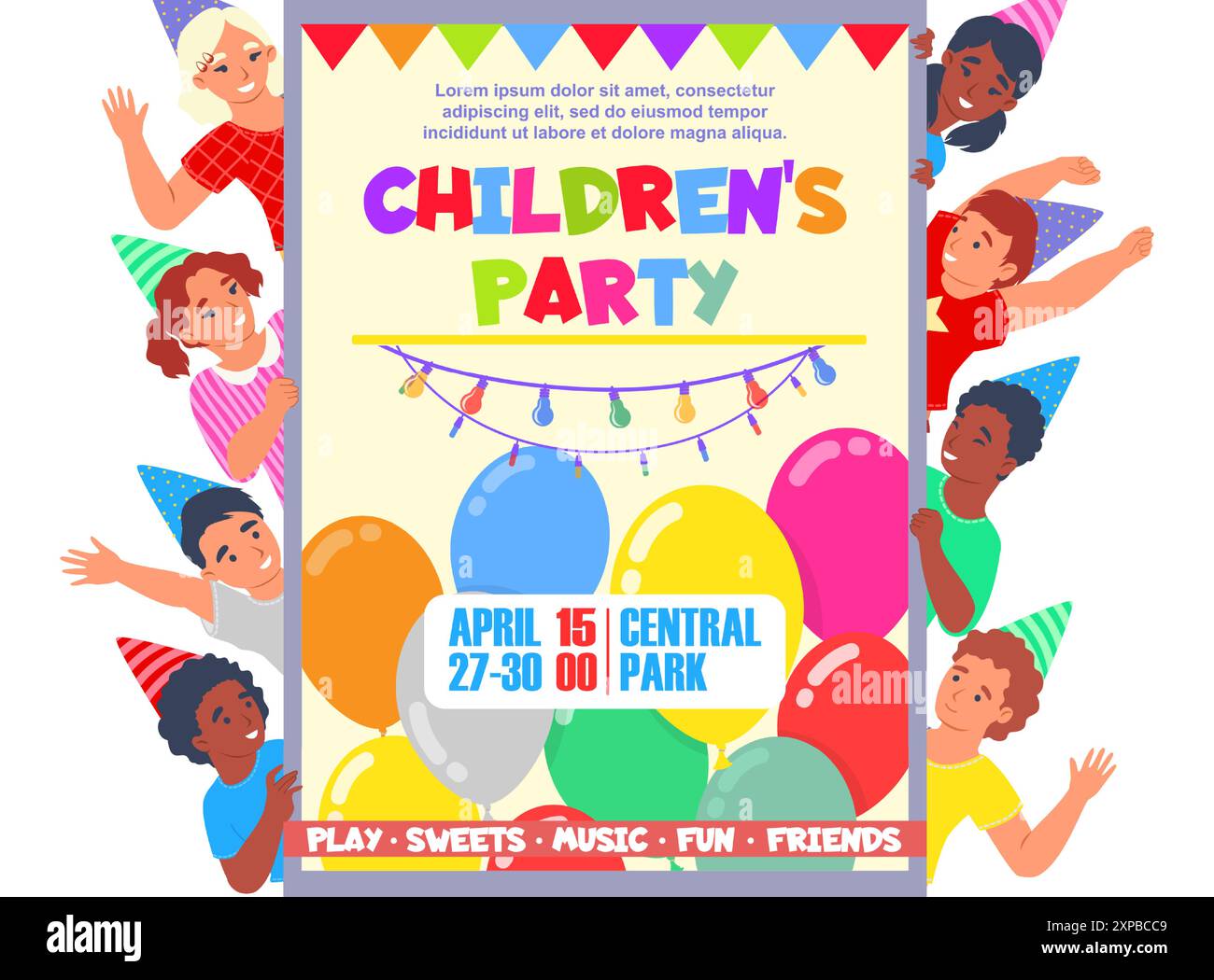 Happy children party poster design template vector illustration Stock ...