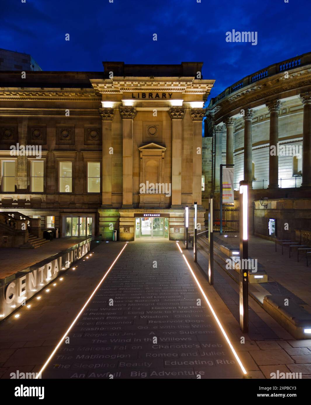 Elevated view of Liverpool Central Library at night. The library is ...