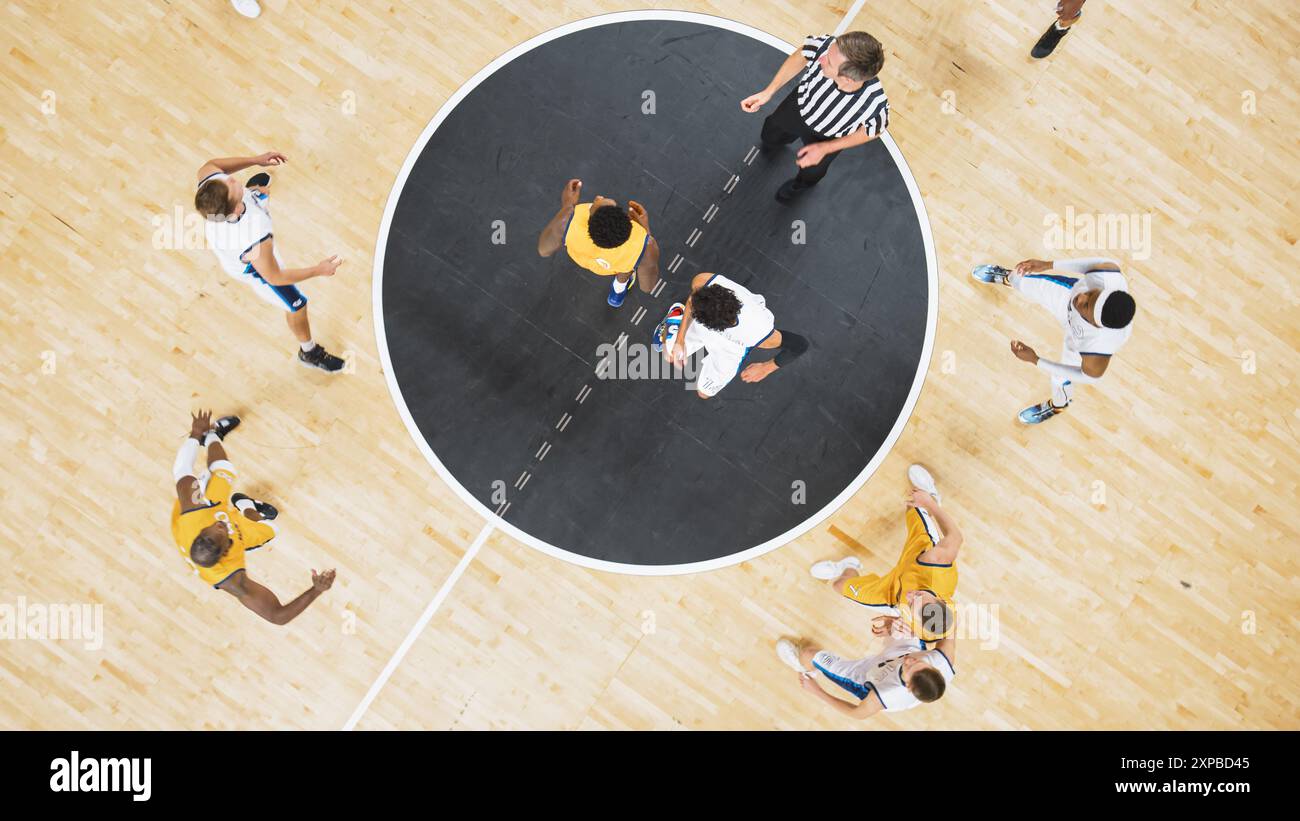 Basketball Match Cinematic Top Down View Shot: Two Multiethnic Opposing ...