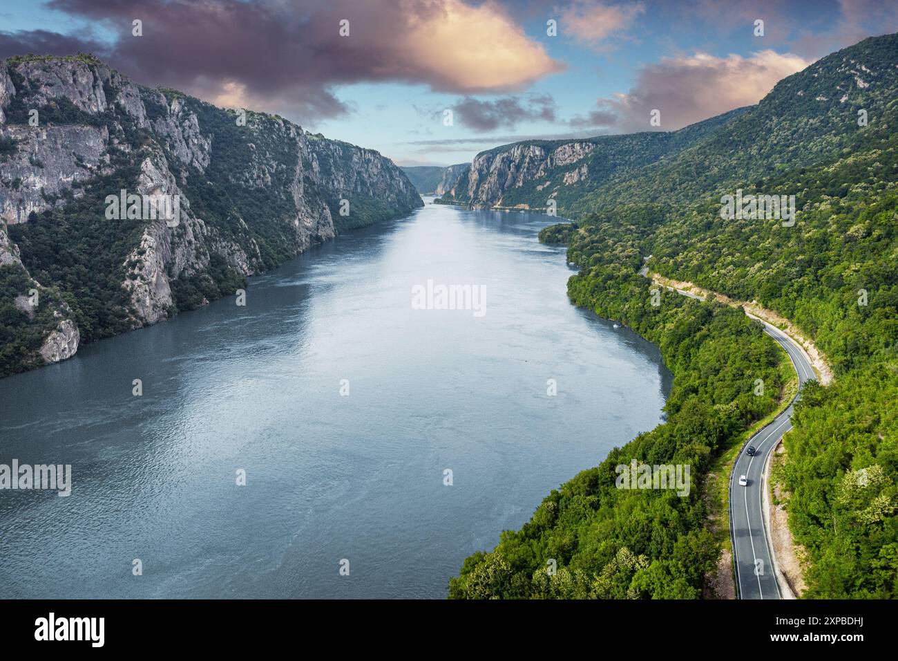 The Iron Gate Gorge with green mountains and the Danube River in ...