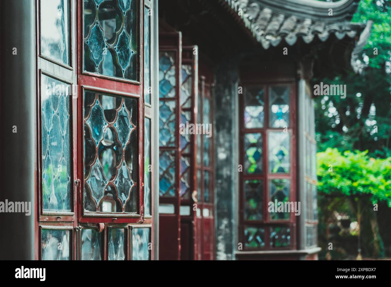 A close-up view of a traditional Chinese garden structure with ...