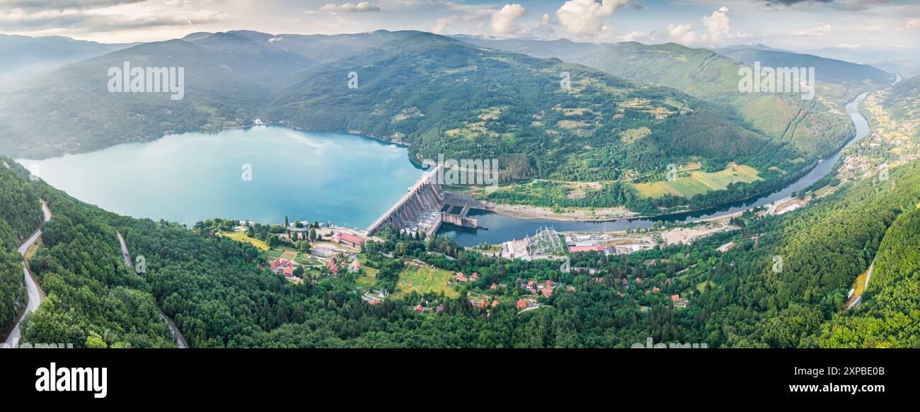 Aerial view of the Perucac Lake and reservoir in Tara park, Serbia ...