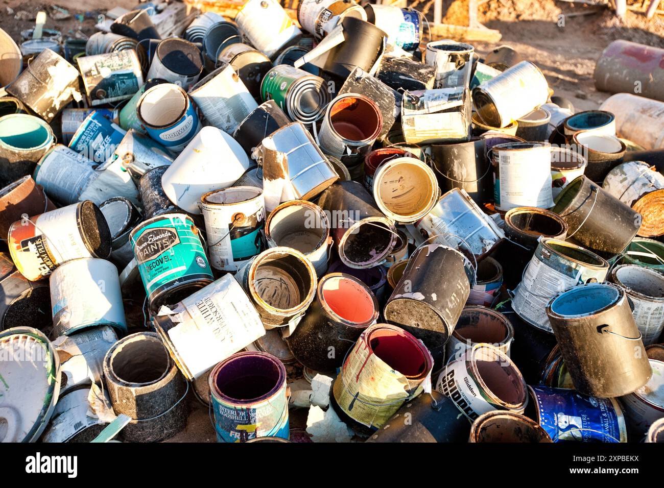 Empty paint pots used to paint Salvation Mountain, The Salton Sea ...