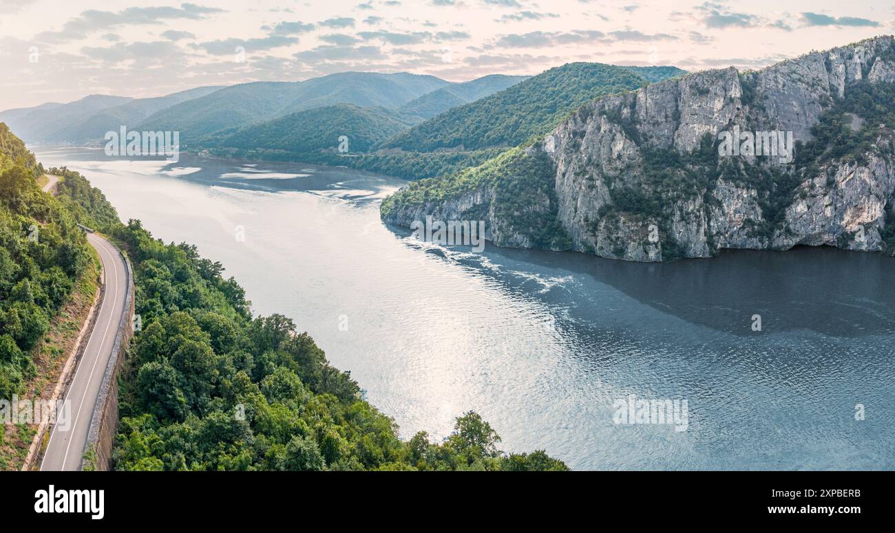 Aerial view of the Danube River flowing through the Iron Gate Gorge in ...