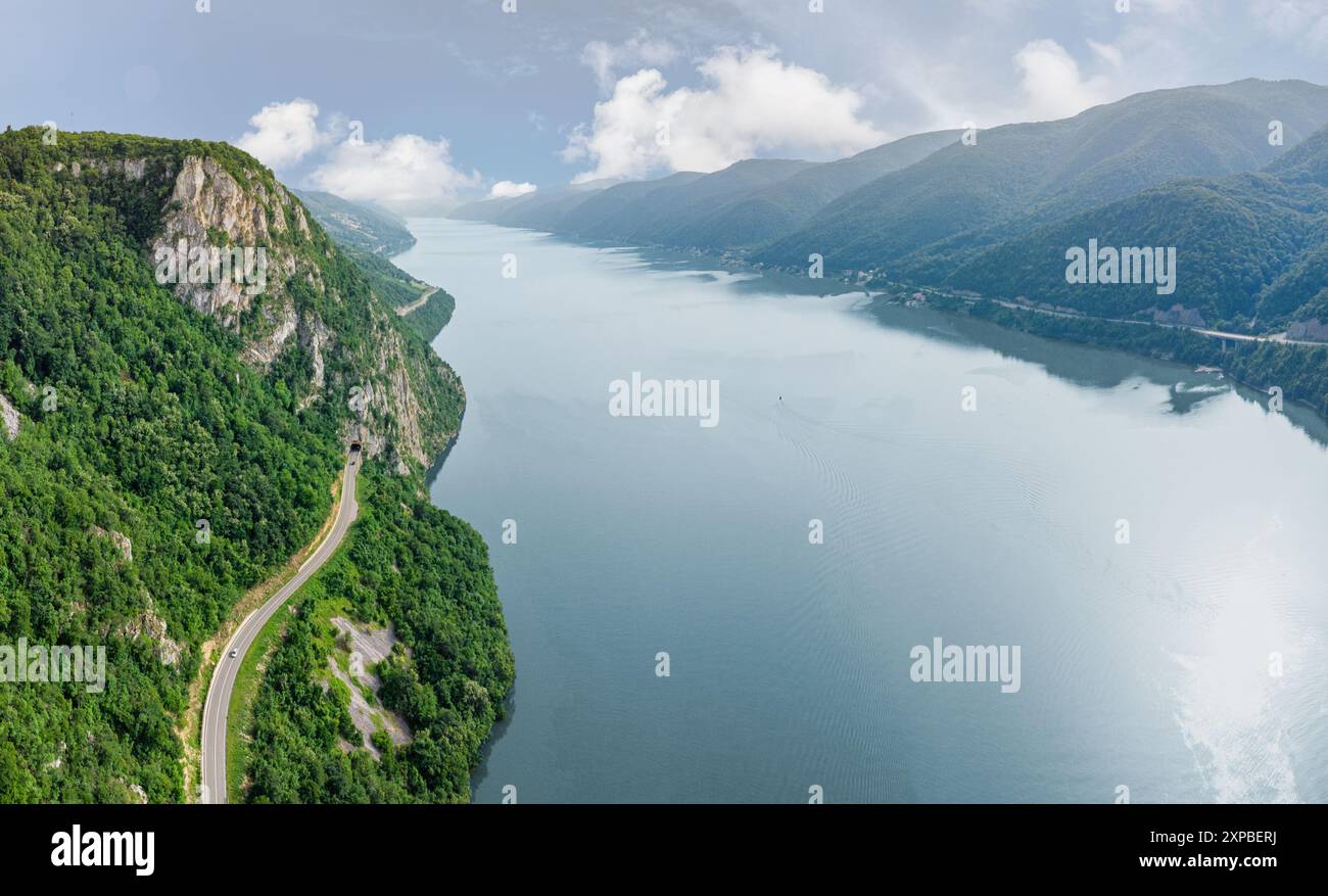The Iron Gate Gorge with green mountains and the Danube River in ...