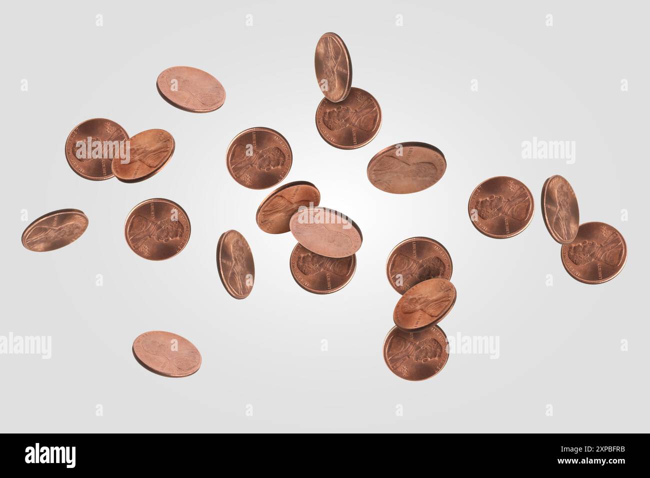 United States one cent coins in air on light grey background Stock ...