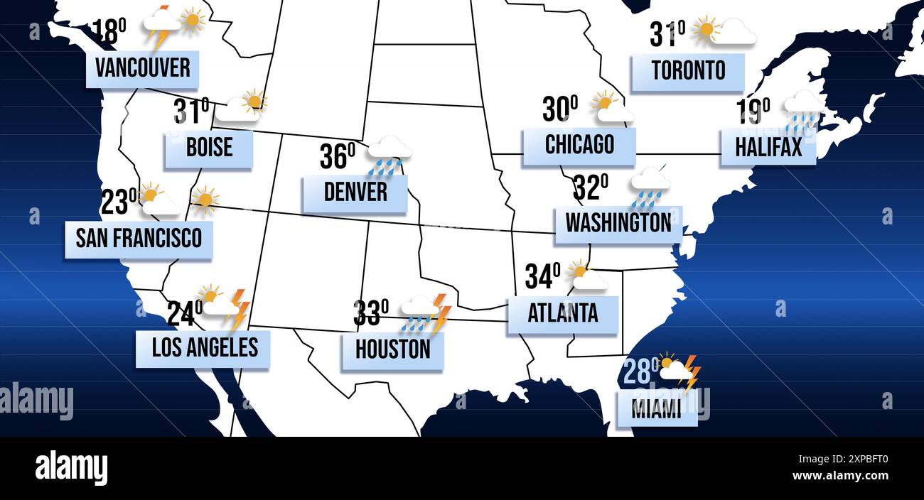 Weather forecast shown on map of USA. illustration with city names ...