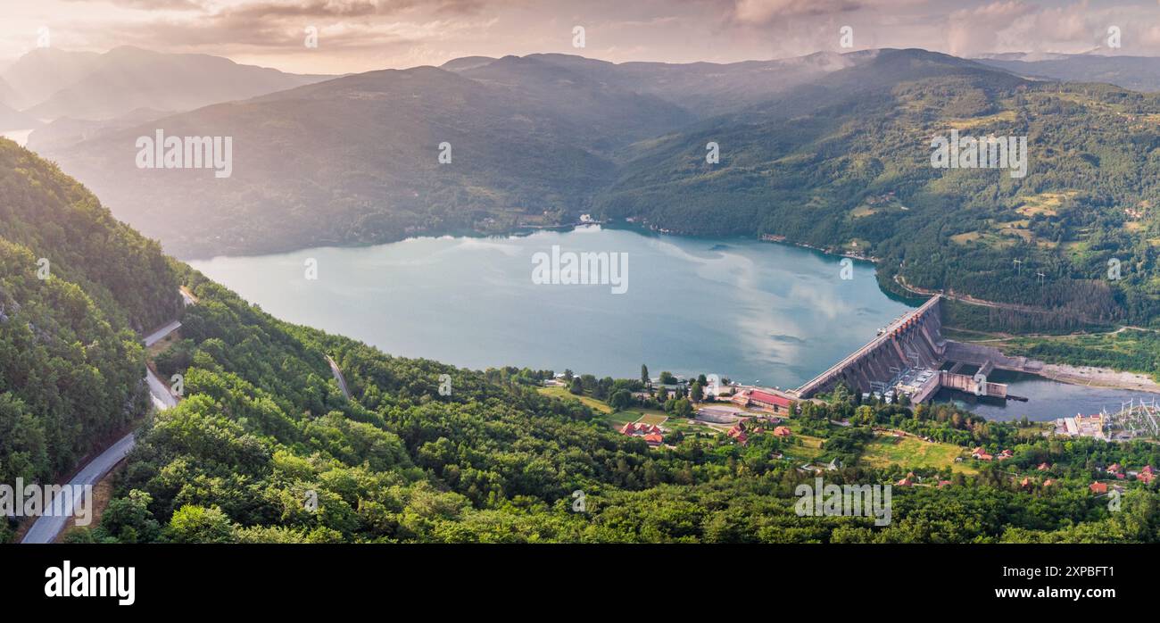 Aerial view of the Perucac Lake and reservoir in Tara park, Serbia ...