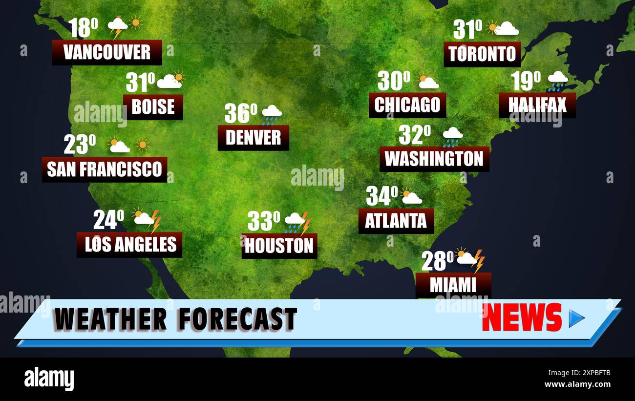 Weather forecast shown on map of USA. illustration with city names ...