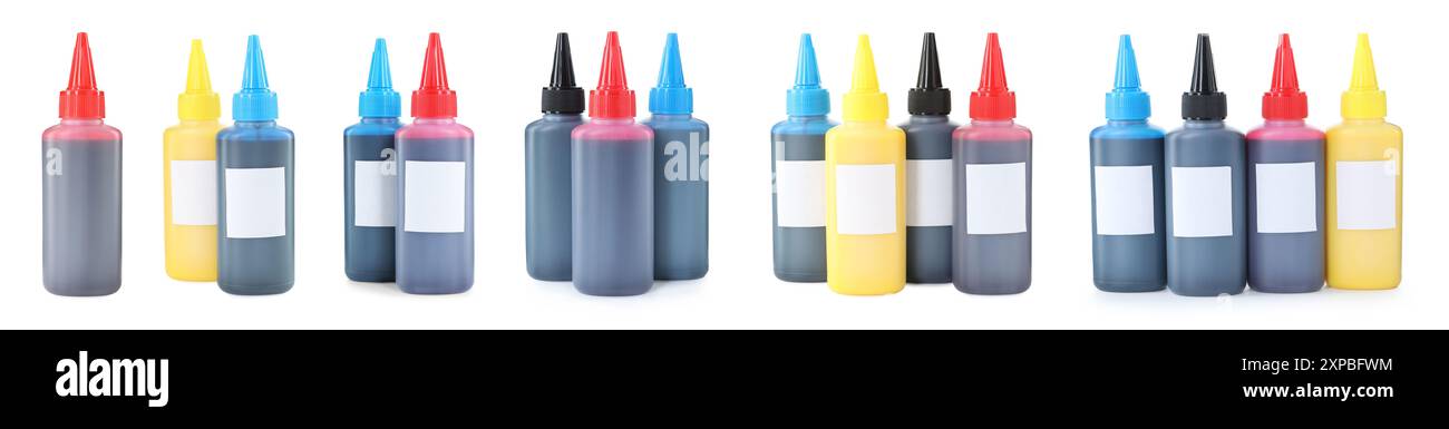 Printer ink of different colors in bottles isolated on white, set Stock ...