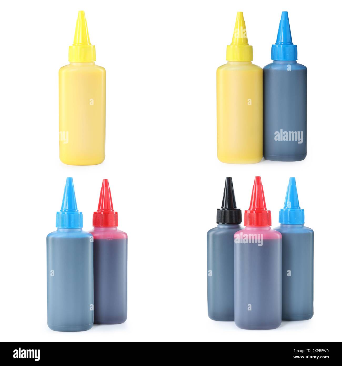 Printer ink of different colors in bottles isolated on white, set Stock ...