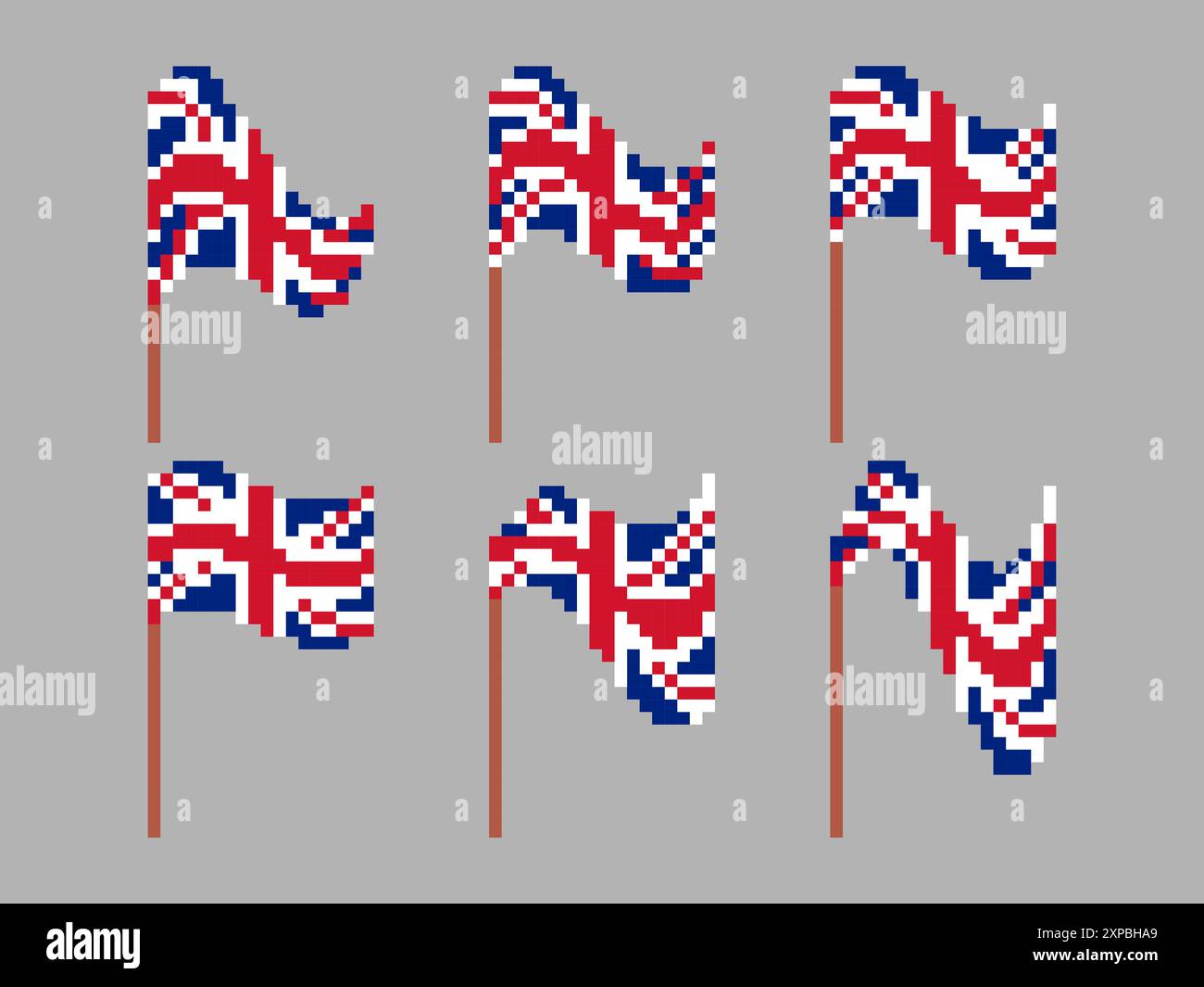 United Kingdom flag pixel icon set isolated on white background. Waving ...