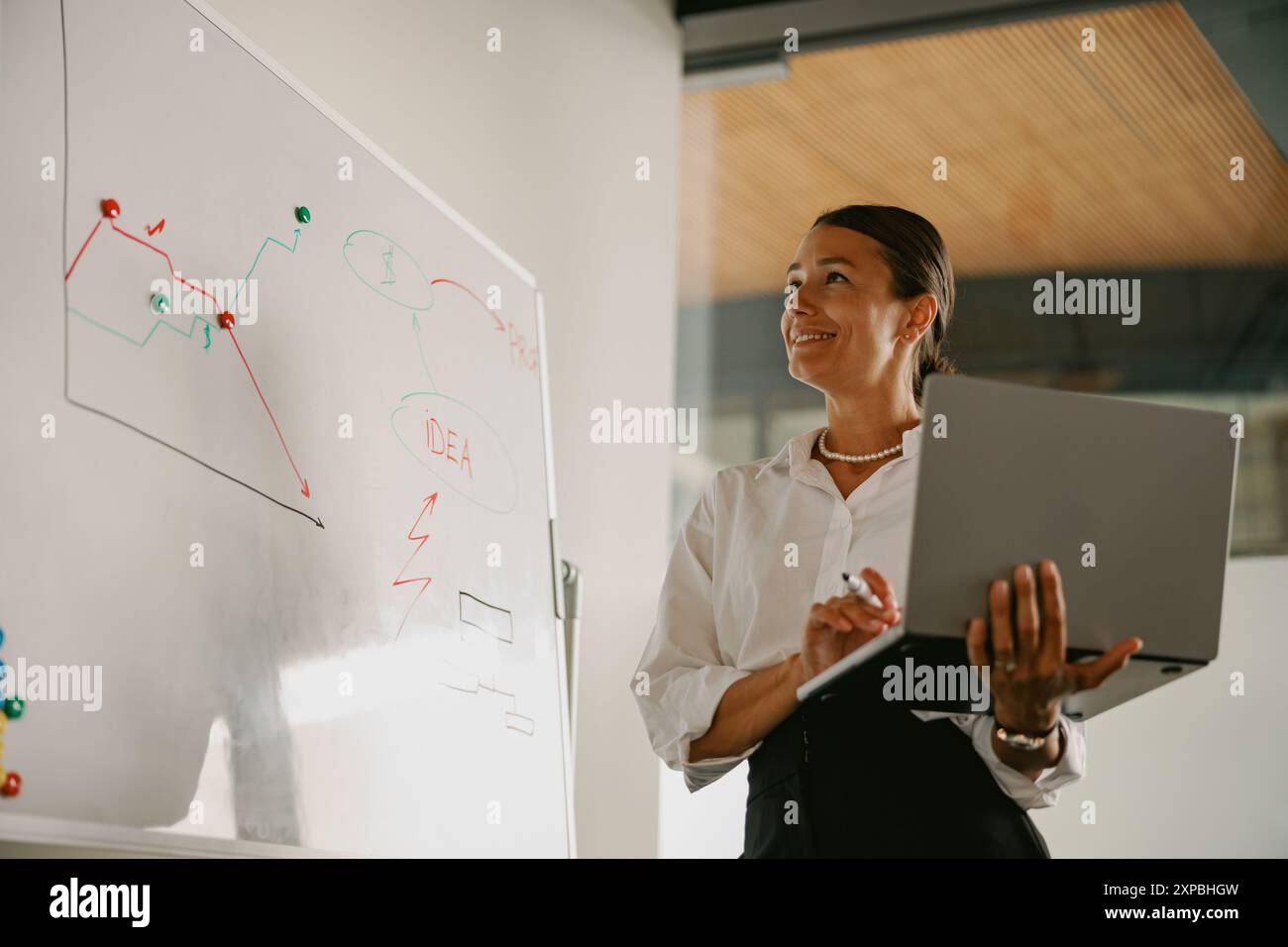 A businesswoman showcases data insights in an office, fostering ...