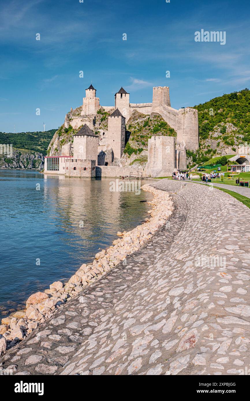 ancient Golubac Fortress overlooking the Danube River in Serbia, a ...