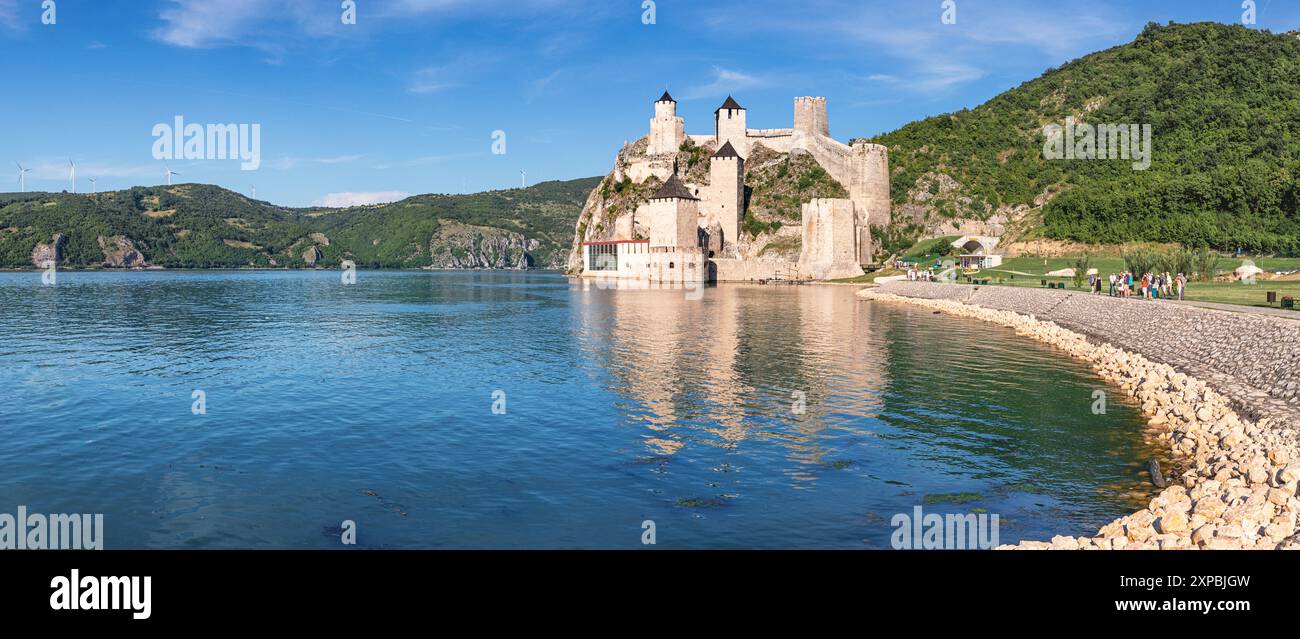 ancient Golubac Fortress overlooking the Danube River in Serbia, a ...