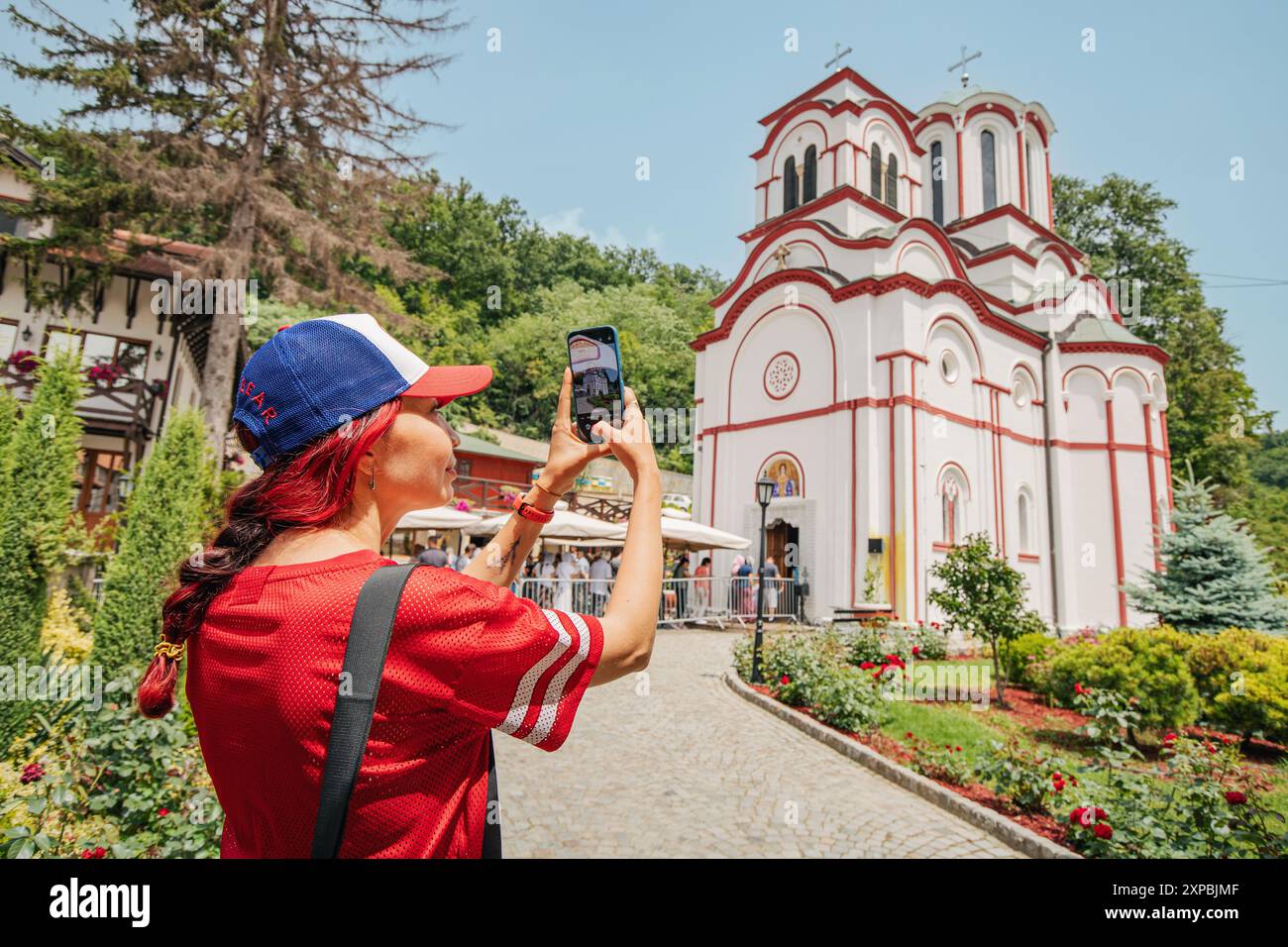 09 June 2024, Golubac, Serbia: Tourist girl taking photos of Tumane ...