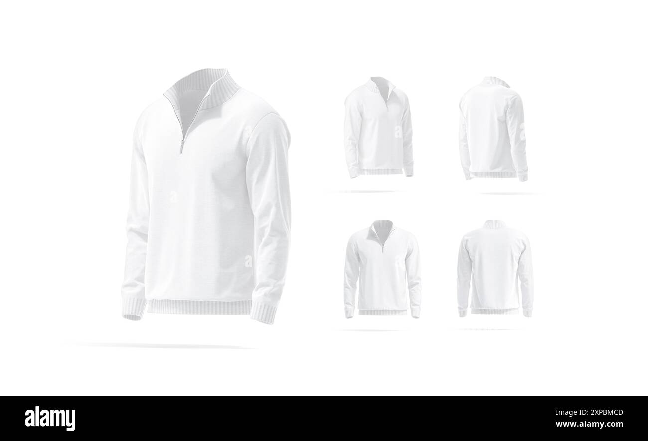 Blank white quarter zip sweater mockup, different views, 3d rendering ...