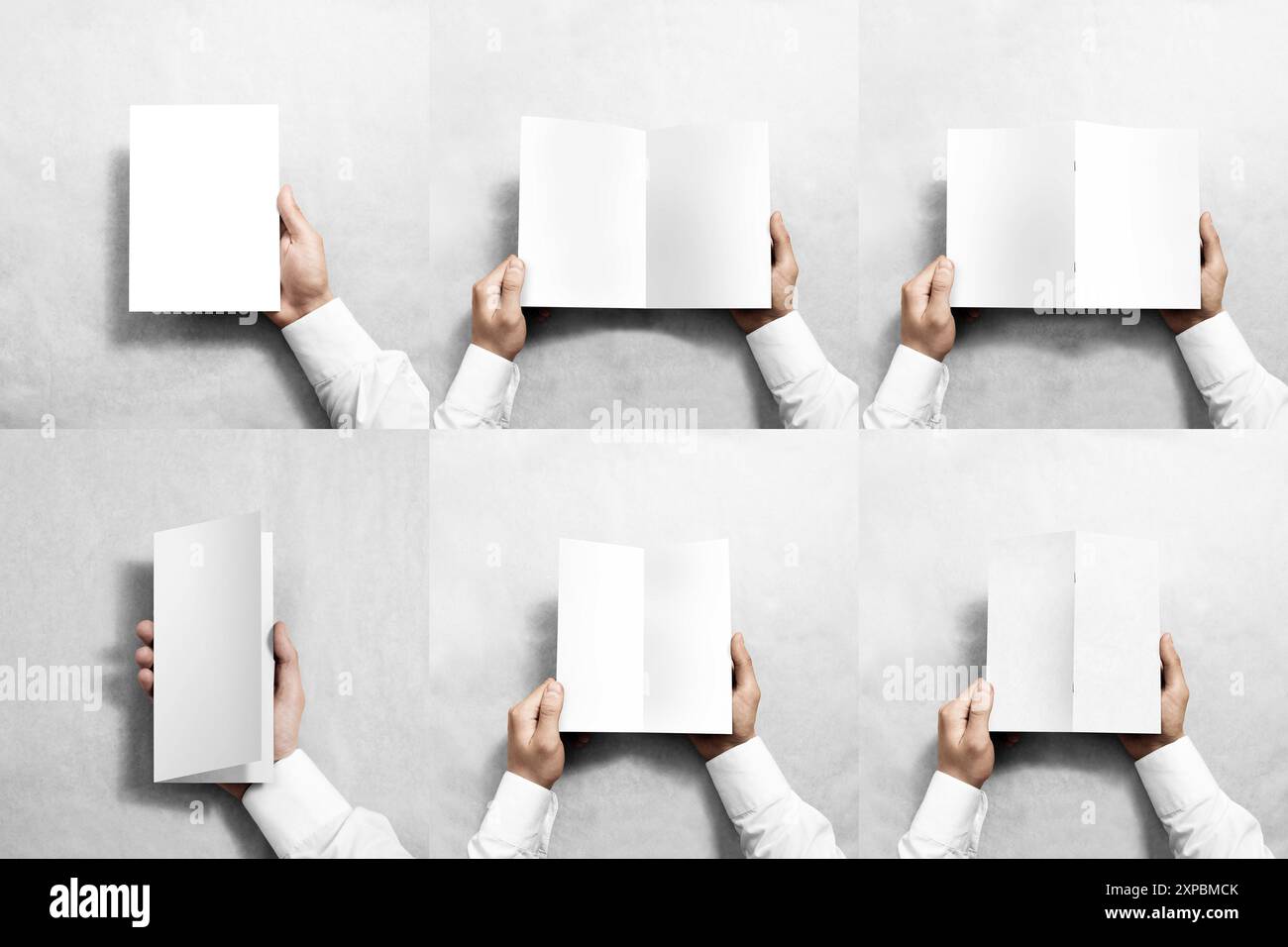 Hand holding blank white flyer brochure booklet in hand, 3d rendering ...