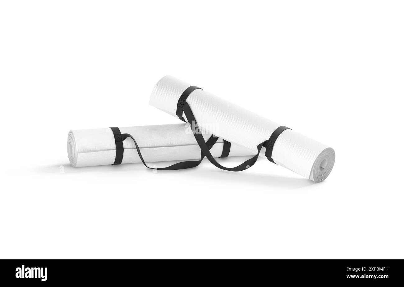 Blank white rolled yoga mat with handle strap mockup stack, 3d ...